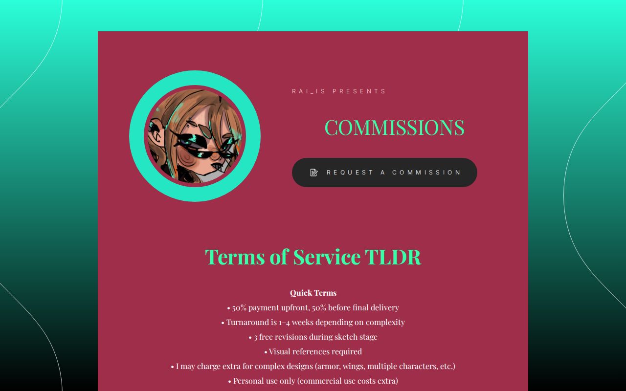 Rai's Commission Landing Page
